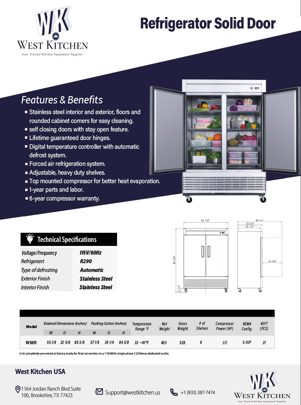 West Kitchen W56R 55" Reach-In Refrigerator with 2 Solid Doors
