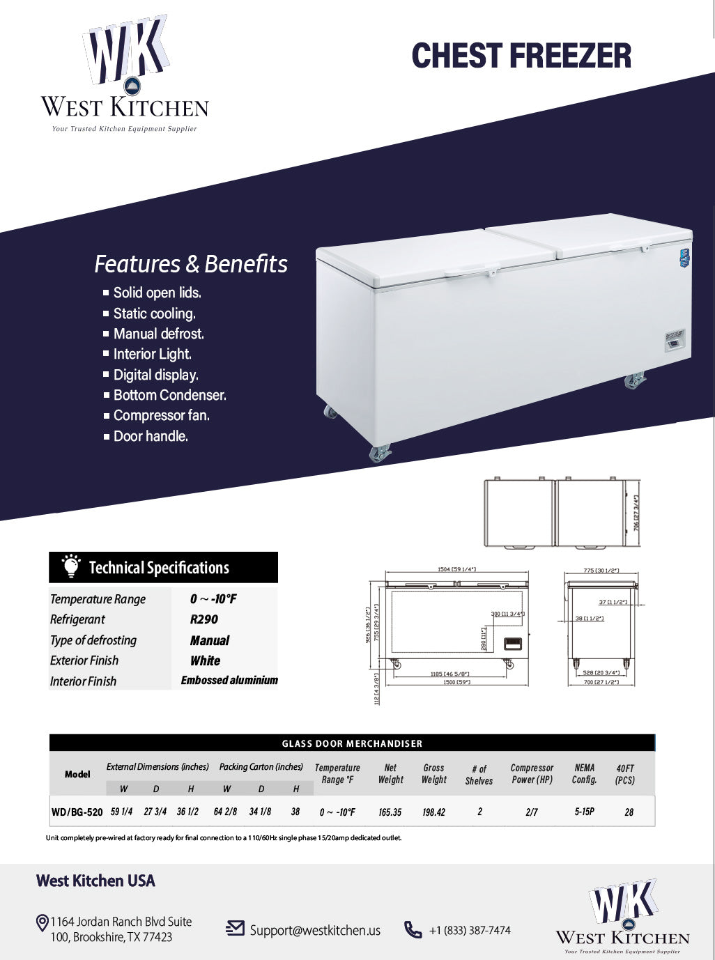 West Kitchen WDBG-520 60" White Chest Freezer With 2 Solid Lids