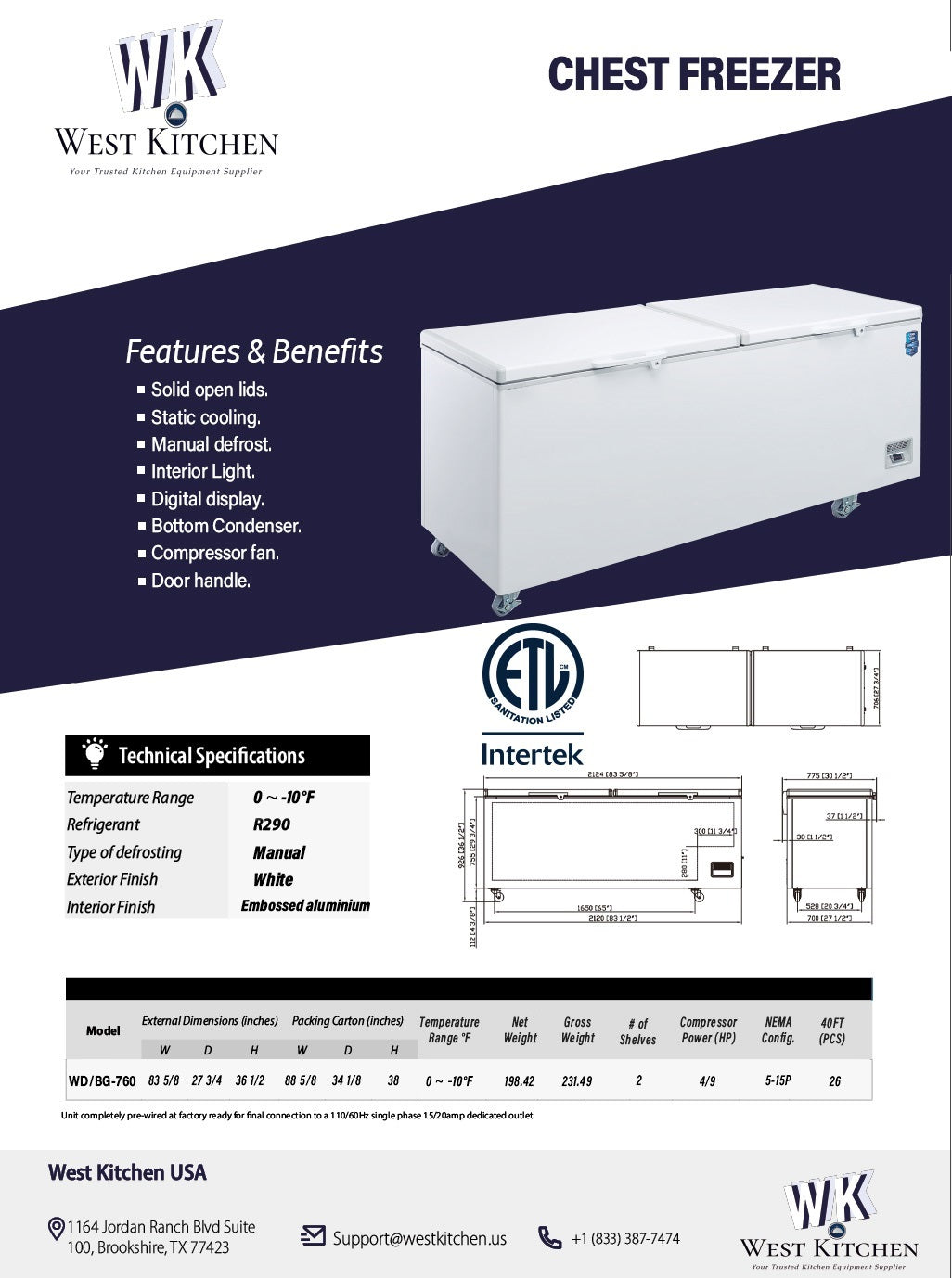 West Kitchen WDBG-760 83"W White Chest Freezer With 2 Solid Lids