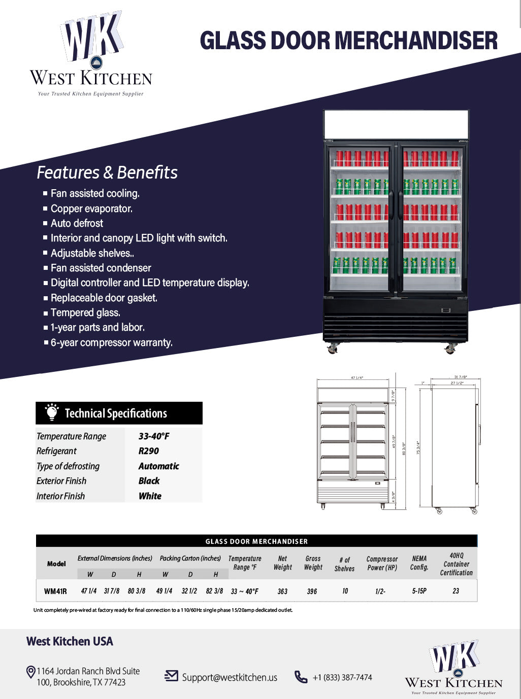 West Kitchen WM41R 47" 2 Door Swing Glass Merchandiser Refrigerator
